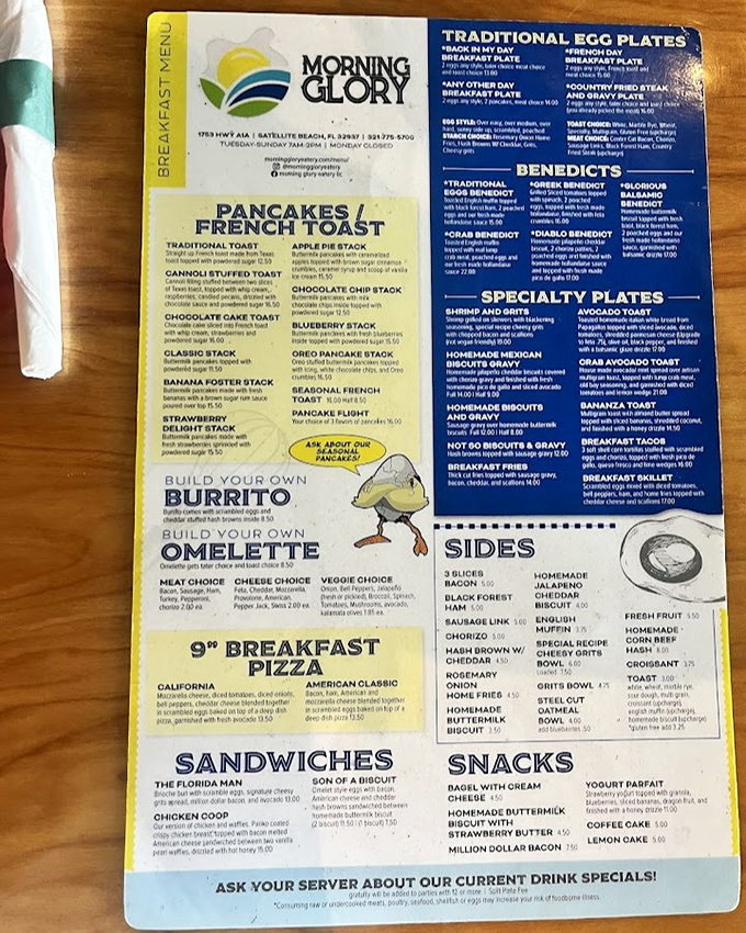 This menu is like a roadmap to breakfast paradise – with Benedict Boulevard and Pancake Avenue clearly marked for hungry travelers.