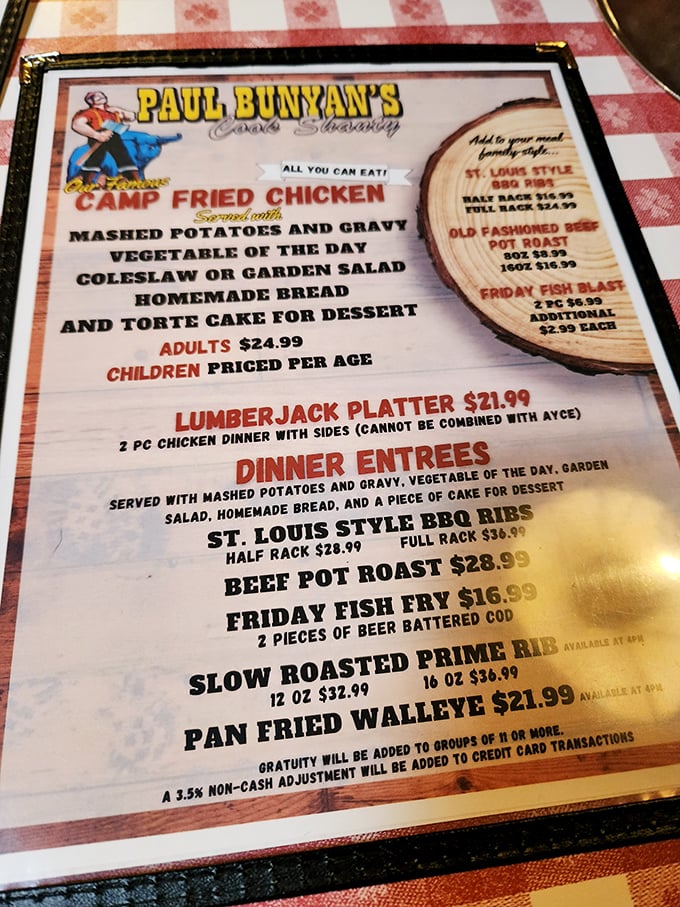 A menu that doesn't whisper but boldly proclaims: "Bring your appetite and leave your diet at the door." Paul Bunyan wasn't known for moderation, and neither is his kitchen.