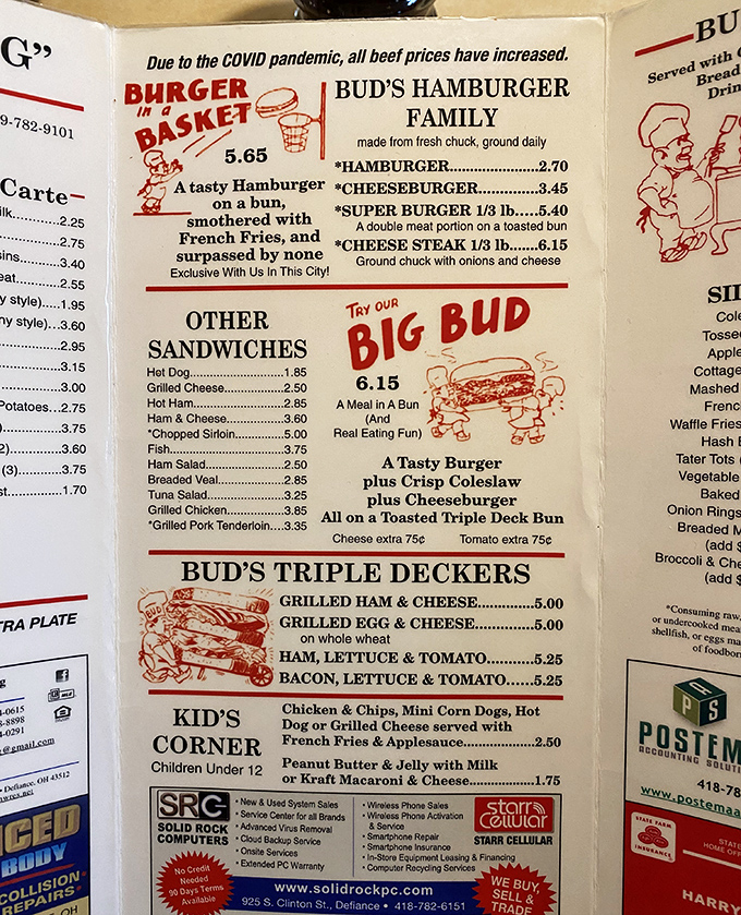 A menu that reads like comfort food poetry. No QR codes here, just laminated pages of affordable happiness that haven't needed updating in decades.