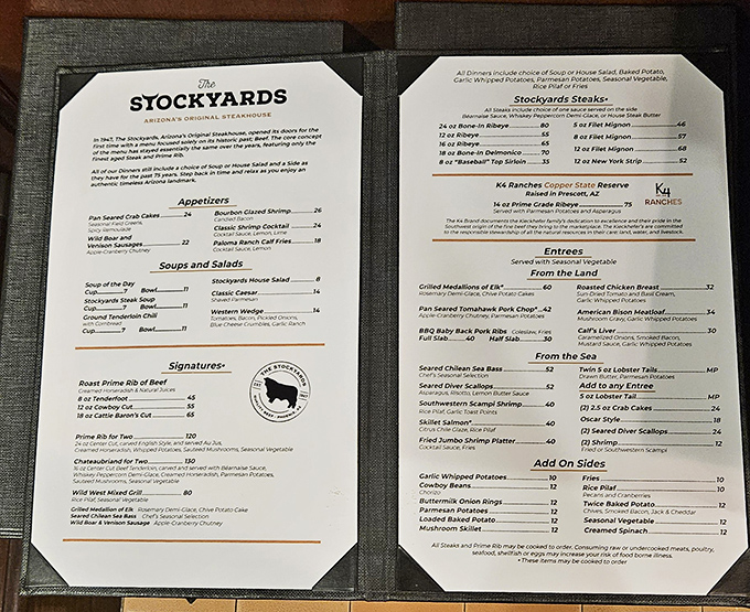 This menu reads like a love letter to classic American steakhouse cuisine done right.