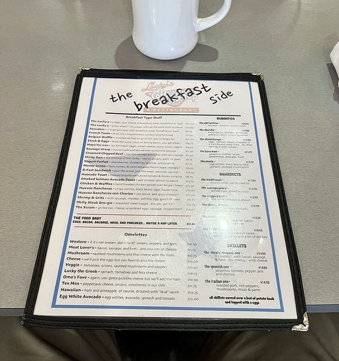 The breakfast menu reads like a love letter to classic American comfort food done absolutely right.