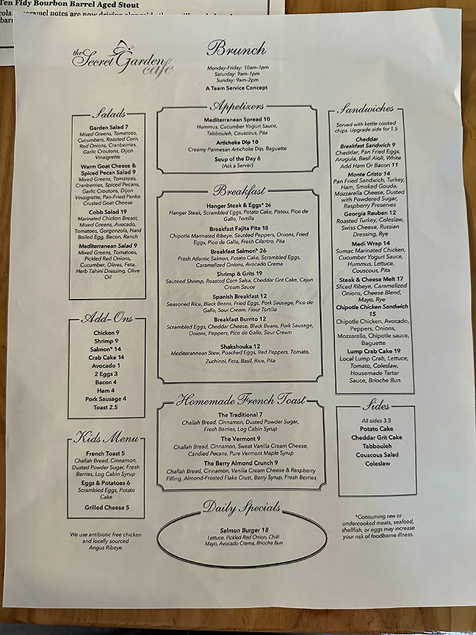 This menu isn't just a list&mdash;it's a roadmap to culinary bliss. The breakfast section alone could solve most of life's problems.