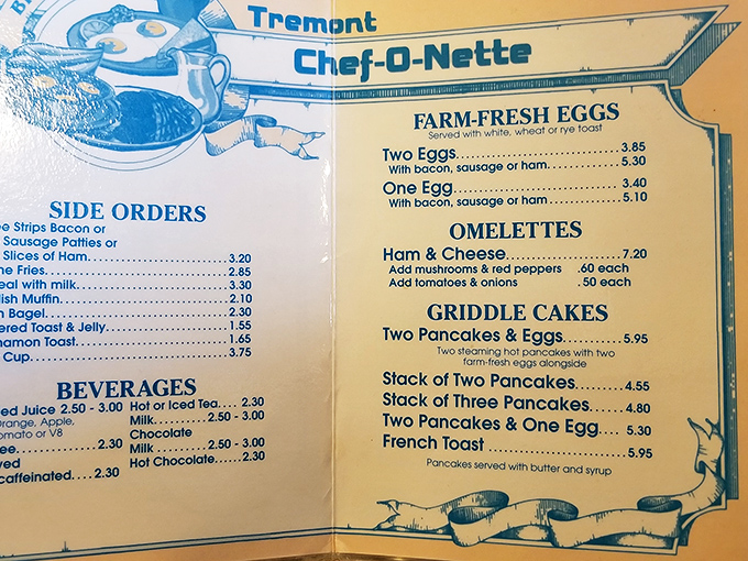 A menu that doesn't need QR codes or fancy fonts to get the job done. Farm-fresh eggs and griddle cakes await your morning hunger.