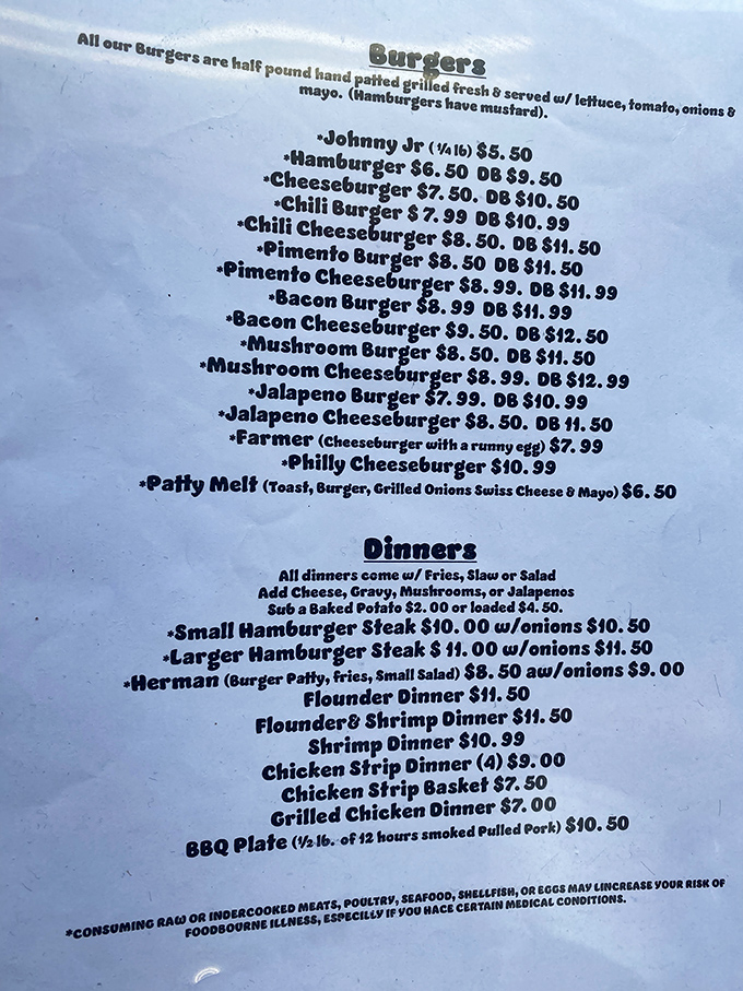 This menu isn't trying to impress with fancy terminology—it's making promises it fully intends to keep. Half-pound hand-patted burgers speak a universal language.