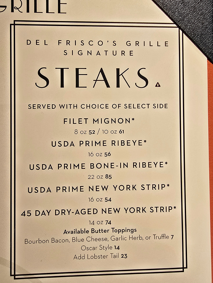 The menu reads like poetry to meat lovers—a sonnet of steak options that makes choosing feel like Sophie's Choice for carnivores.