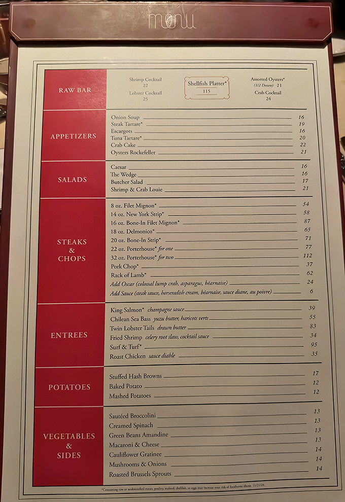 This menu isn't just a list of options; it's a declaration that some traditions, like perfectly prepared steaks, never need reinvention.