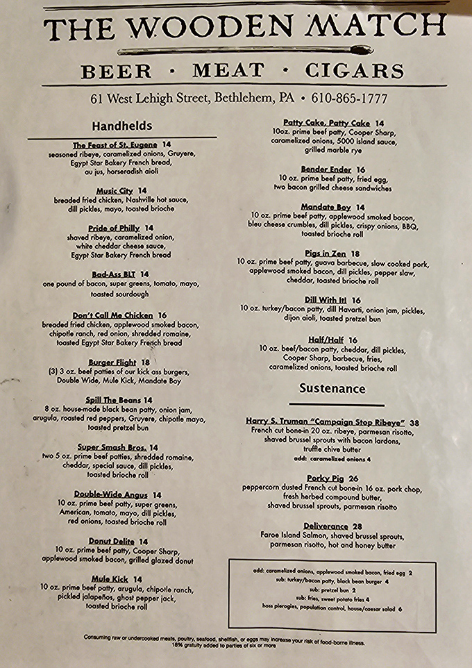 A menu that reads like a love letter to comfort food. "Beer, Meat, Cigars" isn't just a tagline&mdash;it's a lifestyle philosophy worth embracing.