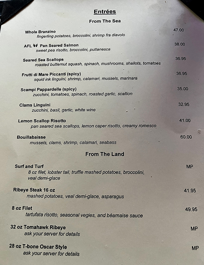 This isn't just a menu—it's a passport to the Italian coast. The seafood selection alone might make you check if you've accidentally teleported to Sicily.