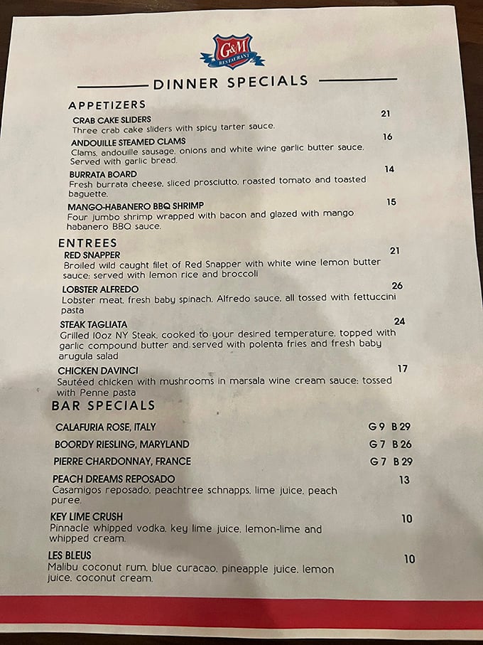 The menu reads like a love letter to Maryland seafood, with enough Italian and steak options to keep the seafood-averse from staging a revolt.