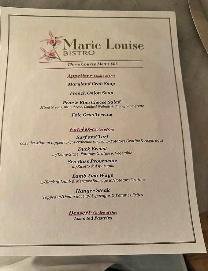 A menu that reads like a love letter to French cuisine. When "French Onion Soup" appears on the appetizer list, resistance is futile.