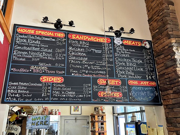 A chalkboard menu that reads like barbecue poetry &ndash; house specialties, sandwiches, and sides that make decision-making deliciously difficult.