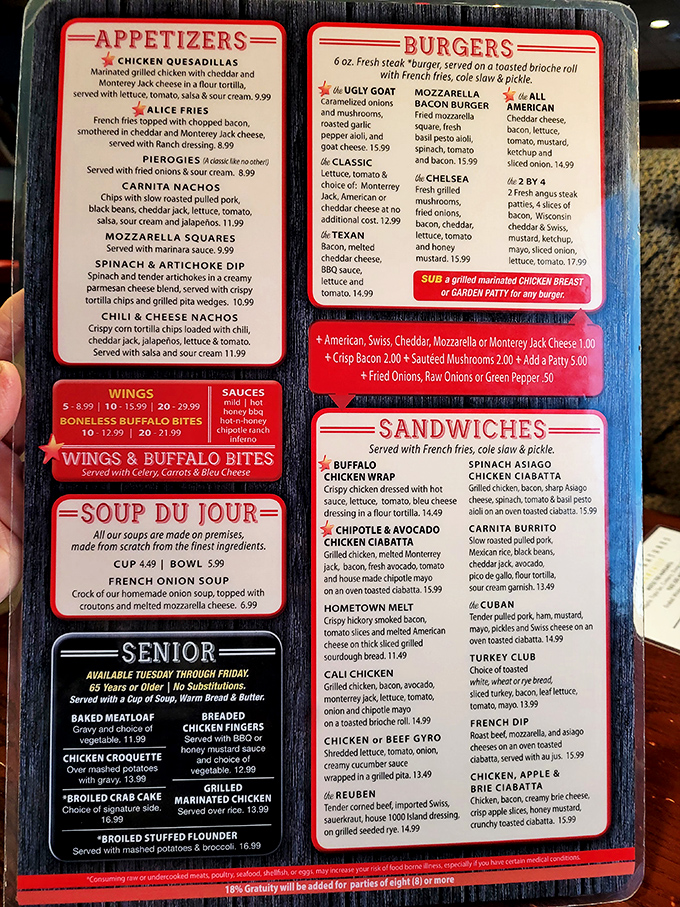 A menu that reads like a love letter to comfort food. Each red-bordered section promises another delicious detour from your diet plans.