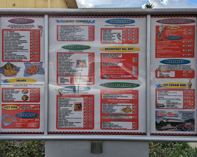 The menu board reads like a love letter to American comfort food—breakfast all day, legendary burgers, and milkshakes that require serious commitment.