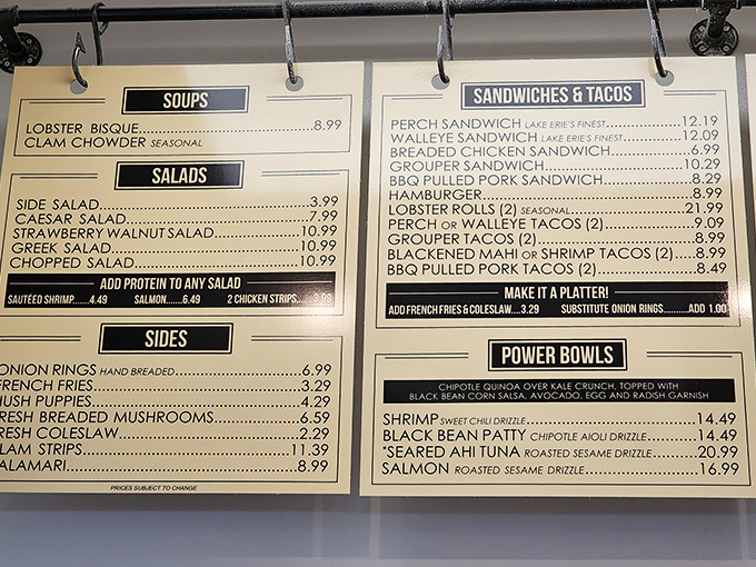 A menu that reads like poetry to seafood lovers. Notice how they proudly declare "Lake Erie's Finest" beside the walleye sandwich—truth in advertising!