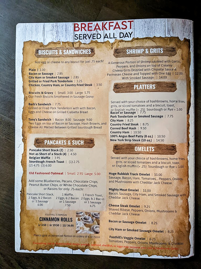 This menu isn't just a list of food&mdash;it's a roadmap to happiness. The "Breakfast Served All Day" header is basically poetry.