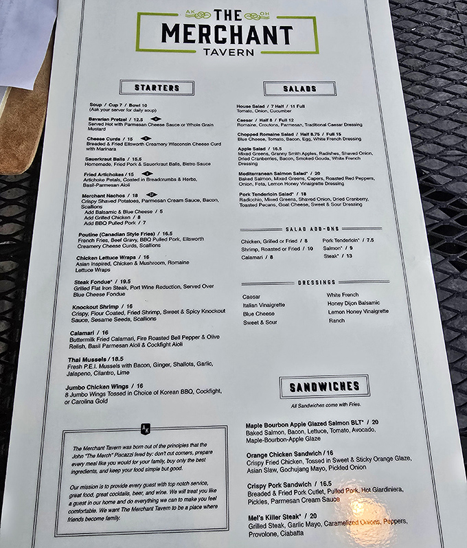 A menu that reads like a love letter to comfort food. Each description promises a dish that might make you close your eyes and sigh with contentment.