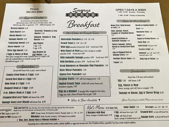 A menu that reads like a love letter to breakfast enthusiasts. The hardest relationship you'll navigate today is choosing between pancakes and omelets.