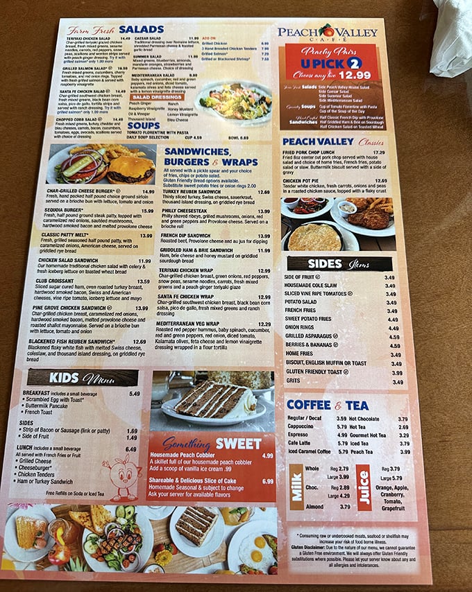 The menu at Peach Valley reads like a love letter to breakfast classics, offering everything from hearty skillets to sweet indulgences that'll make you forget about theme park food.