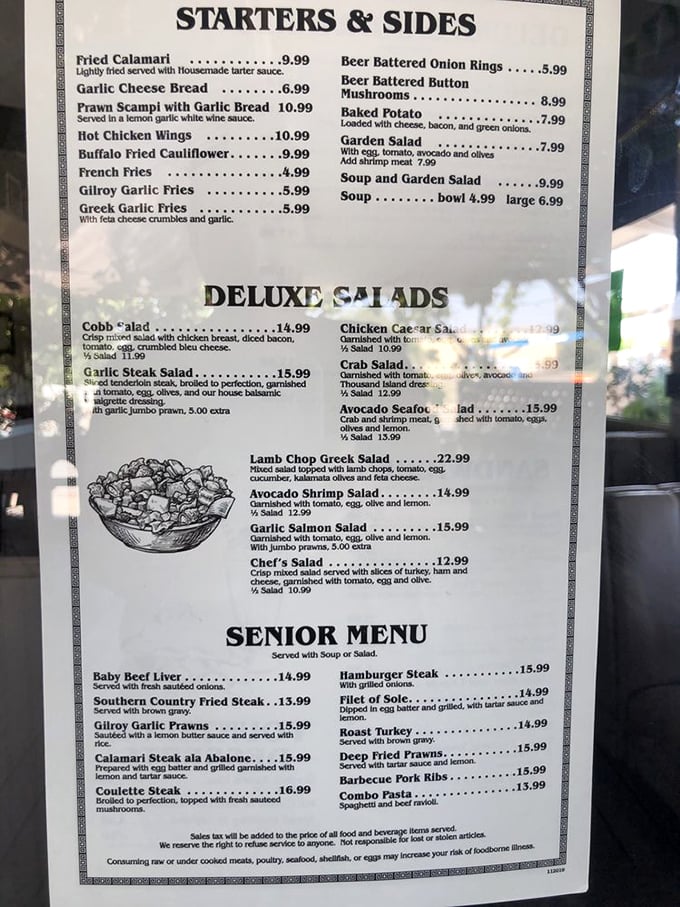 A menu that reads like a love letter to American comfort food, with Greek and seafood influences that keep regulars coming back for decades.