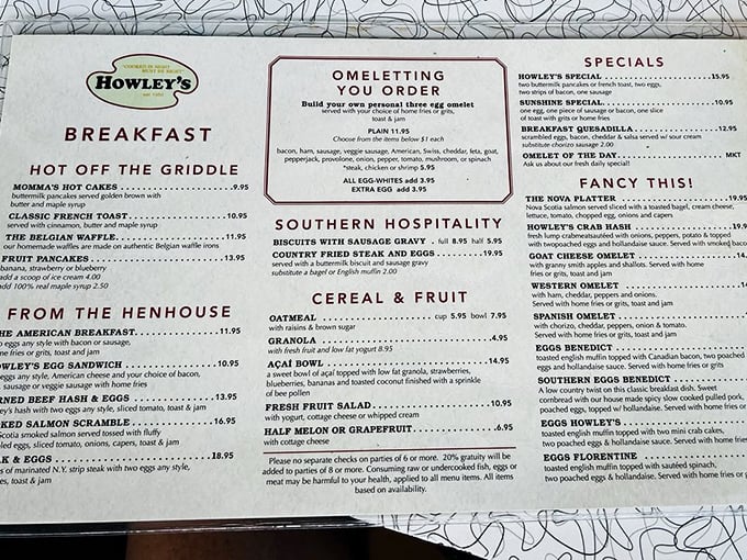 Breakfast served all day&mdash;because pancake cravings don't follow clocks. Howley's menu reads like a love letter to comfort food classics.