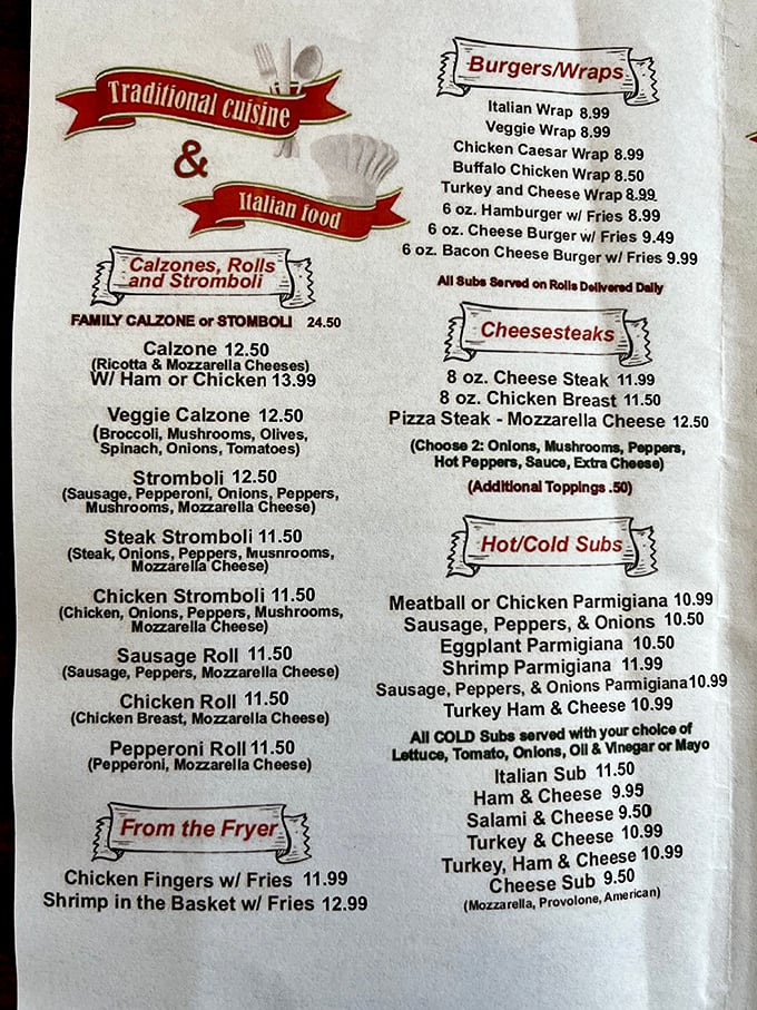A menu that reads like a love letter to Italian-American cuisine. From calzones to stromboli, each option promises a different path to culinary bliss.