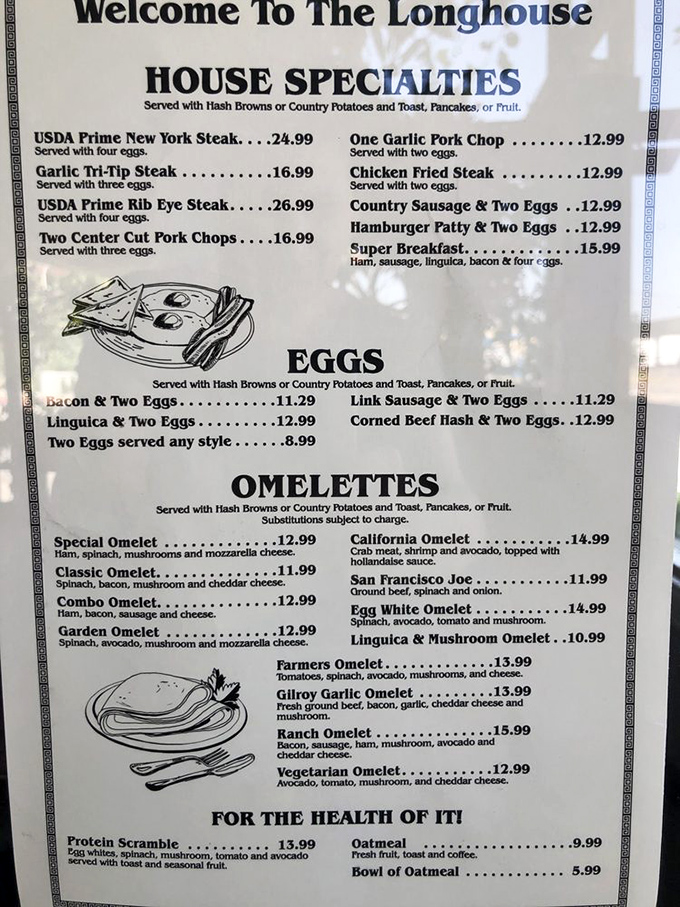 A menu that reads like a love letter to comfort food classics. The Gilroy Garlic Omelet practically winks at you from the page.
