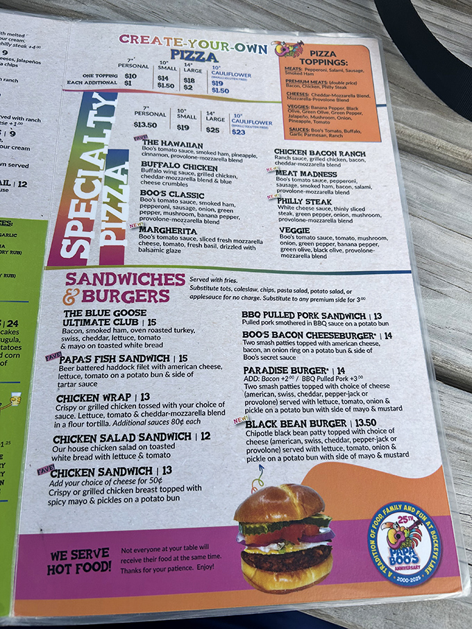 Menu decisions, menu decisions! From specialty pizzas to the intriguingly named "Blue Goose" sandwich, Papa Boo's offerings read like a vacation for your taste buds.