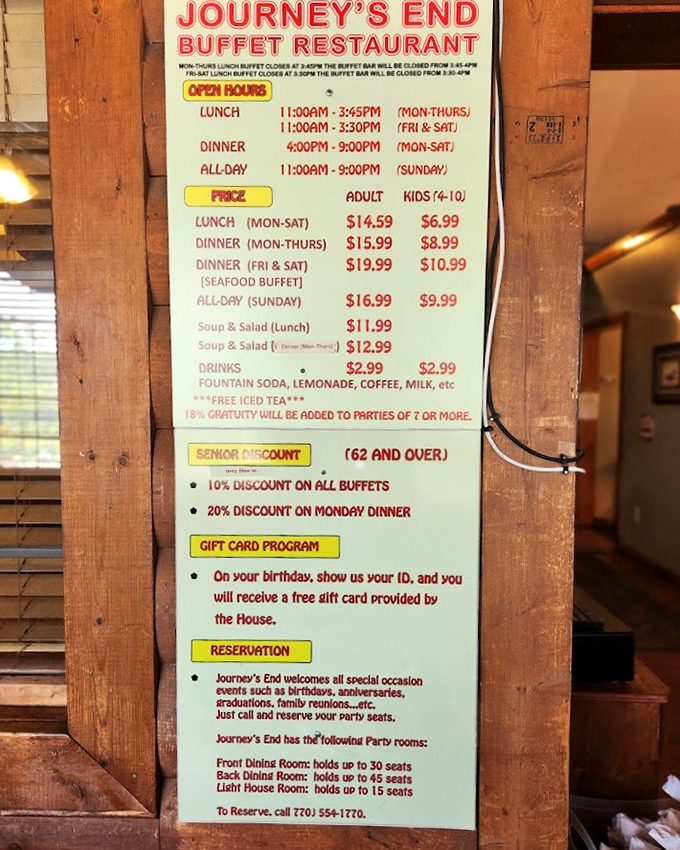 This menu board tells the whole delicious story&mdash;buffet options for every appetite and a promise of free iced tea that feels like Southern hospitality in liquid form.