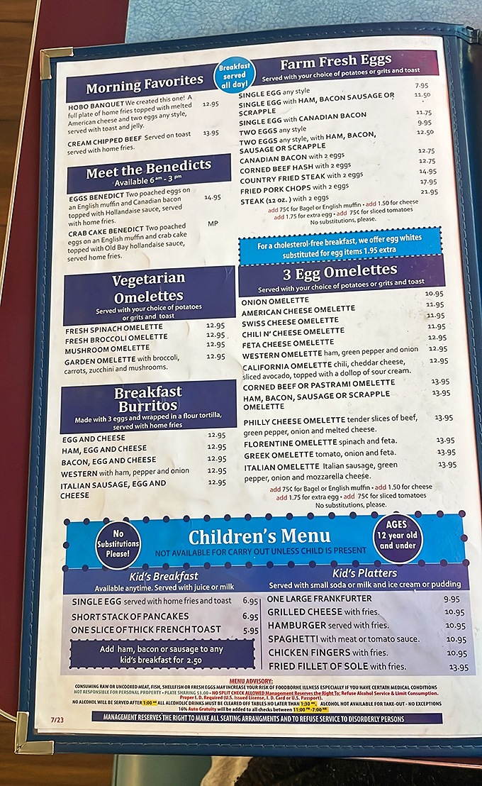 This menu reads like a love letter to American comfort food, featuring everything from hearty omelets to those famous crab cakes.