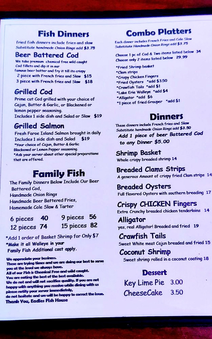 The menu reads like a love letter to aquatic delights, with Lake Erie walleye as the undisputed star and supporting roles from alligator to crawfish tails.