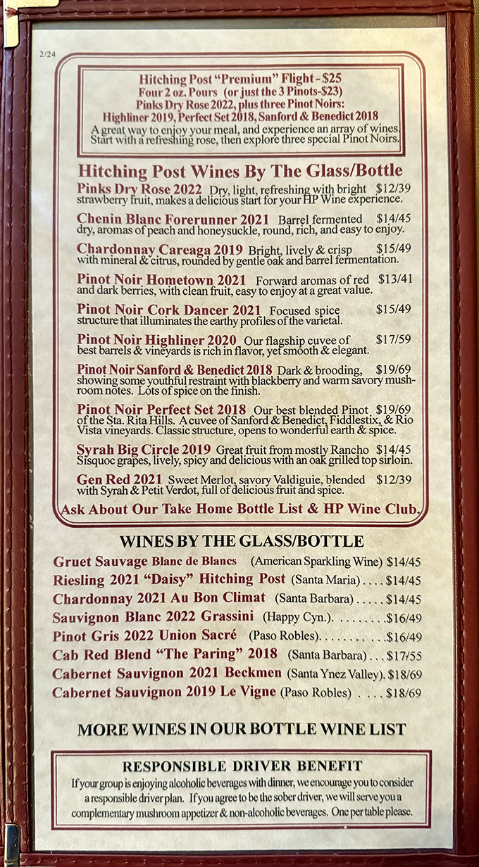 This wine list isn't just a menu&mdash;it's a love letter to Santa Barbara County viticulture. The Pinot Noir selection alone could make a wine lover weep with joy.