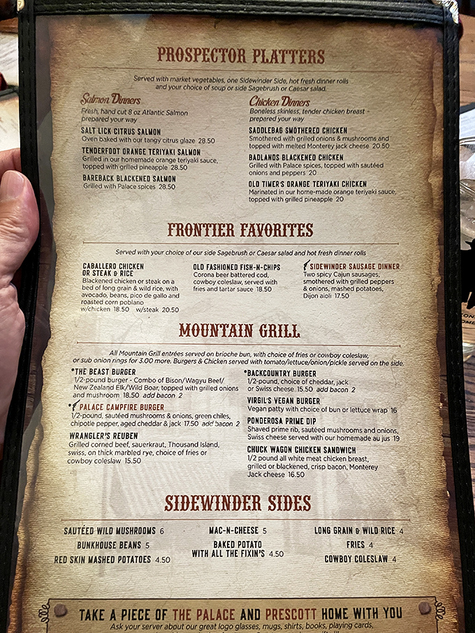 This isn't just a menu&mdash;it's a treasure map to culinary gold with "Prospector Platters" and "Frontier Favorites" beckoning hungry adventurers.