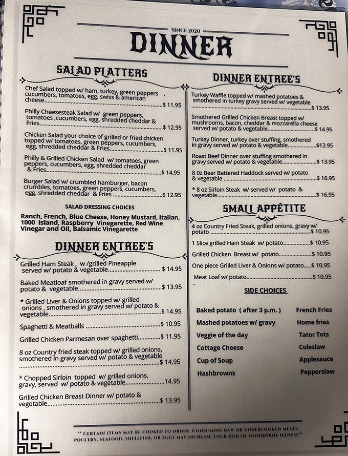 The menu reads like a greatest hits album of American comfort classics. That spaghetti listing? The headliner that deserves top billing.