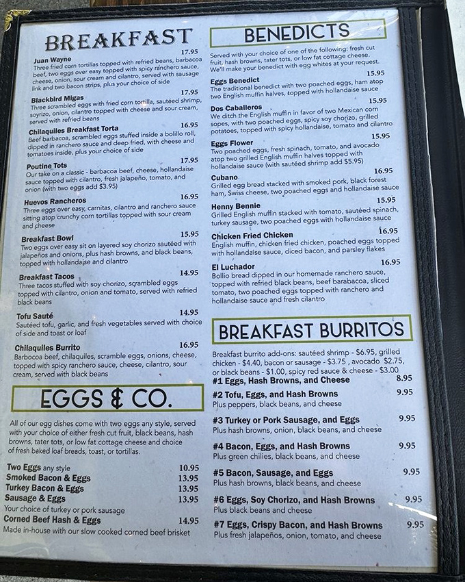 The menu reads like a love letter to breakfast, with enough options to satisfy everyone from the egg purist to the breakfast adventurer seeking their next culinary conquest.