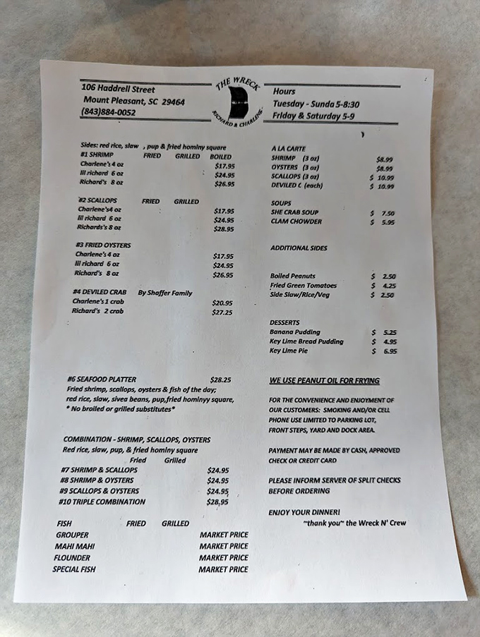 The menu at The Wreck is refreshingly straightforward &ndash; a single page that essentially says, "We know seafood, trust us," and you absolutely should.