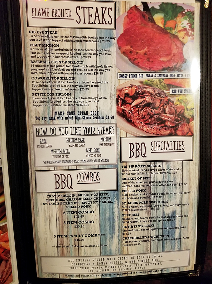 This menu isn't kidding around&mdash;flame-broiled steaks and BBQ specialties that would make even the toughest cowboy tip his hat in respect.