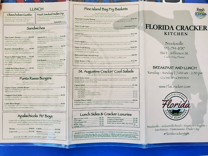 A menu that reads like a geography lesson of Florida's tastiest regions, from Okeechobee Gumbo to Apalachicola Po' Boys.