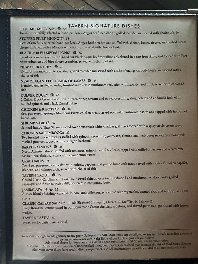 A menu that reads like a love letter to carnivores, with prices mysteriously absent to protect the innocent.