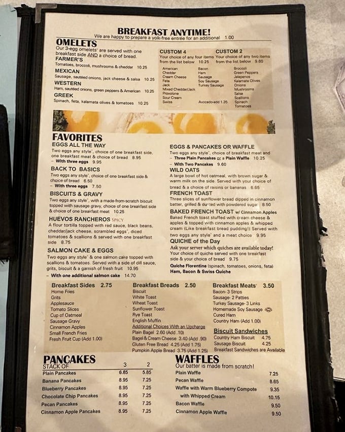 The menu reads like a love letter to breakfast enthusiasts&mdash;"Breakfast Anytime!" might be the three most beautiful words in English.
