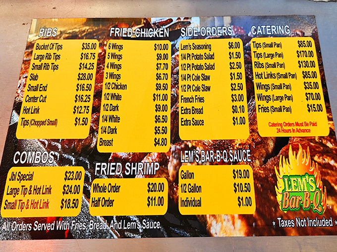 The menu board at Lem's reads like barbecue poetry&mdash;rib tips, hot links, and chicken are the verses that compose Chicago's smoke-kissed symphony.