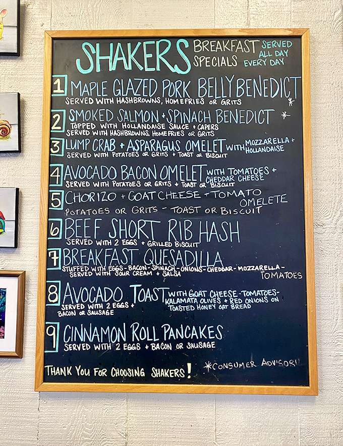 This chalkboard menu reads like a love letter to breakfast. Nine reasons to skip the hotel buffet, written in blue chalk.