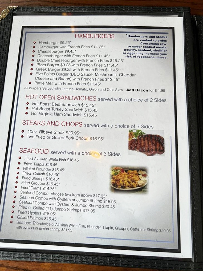 This menu isn't just a list of options&mdash;it's a roadmap to comfort food nirvana, with burgers, sandwiches, and seafood that would make your cardiologist wince and your taste buds rejoice.