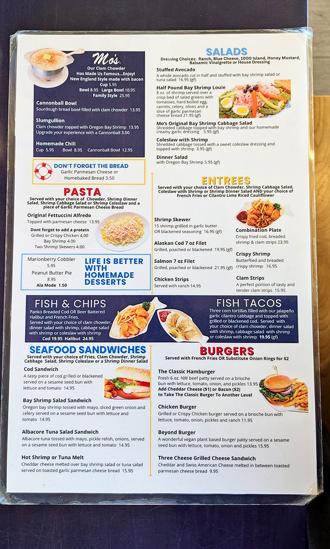 The menu itself is a maritime treasure map, with X marking the spot where chowder dreams come true.