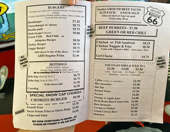 A menu that doesn't take itself too seriously but takes its burgers very seriously. The "Dead Chicken" sandwich? Pure Route 66 poetry.