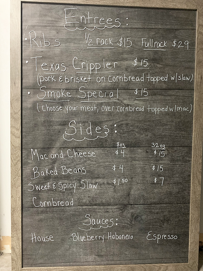 The chalkboard menu &ndash; barbecue's version of sacred text, promising smoky revelations and difficult decisions ahead.