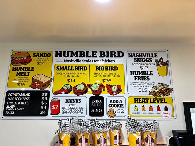 No PhD required to decipher this menu. Just point, order, and prepare for a religious experience in fried chicken form.