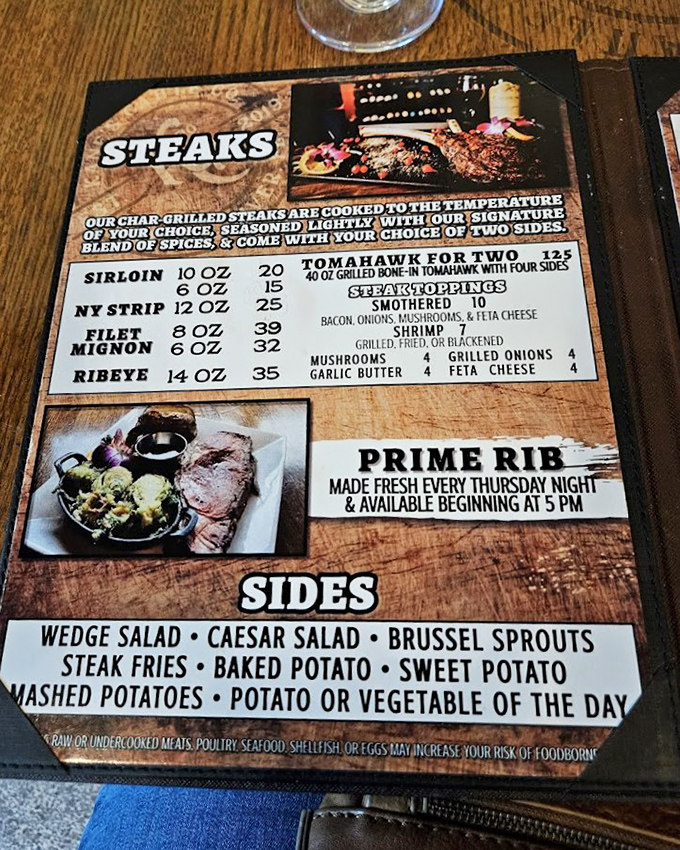 The menu reads like a love letter to beef enthusiasts, with that Thursday night prime rib special calling your name from the moment you sit down.