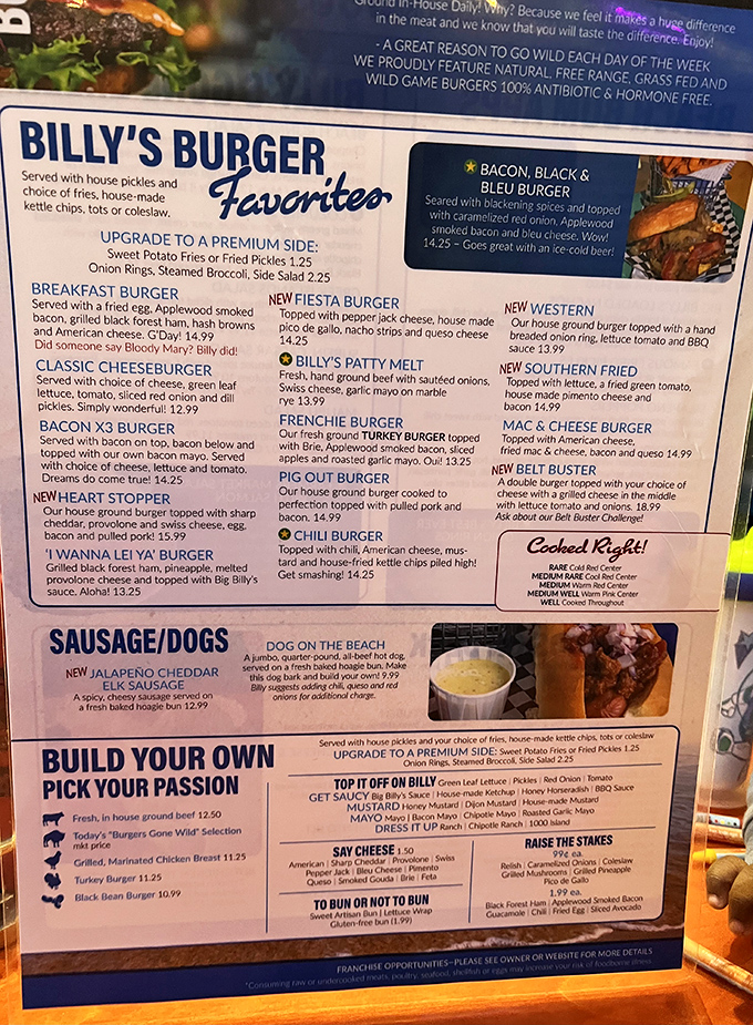 The menu that launches a thousand road trips. Each description reads like a love letter to beef, with supporting roles from bacon, cheese, and various supporting characters.