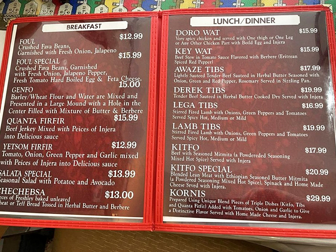 The menu reads like a passport to Ethiopia, with each dish telling its own story through berbere spice, injera bread, and slow-cooked traditions.