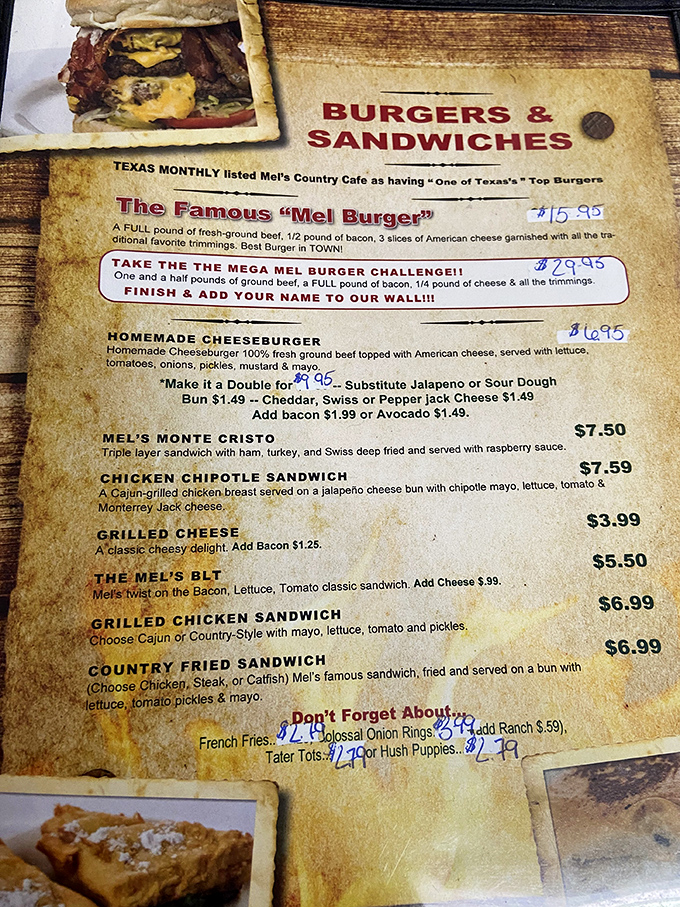 The menu at Mel's reads like a love letter to American comfort food, with that famous Mega Mel Burger Challenge daring you to earn your place on the Wall of Fame.